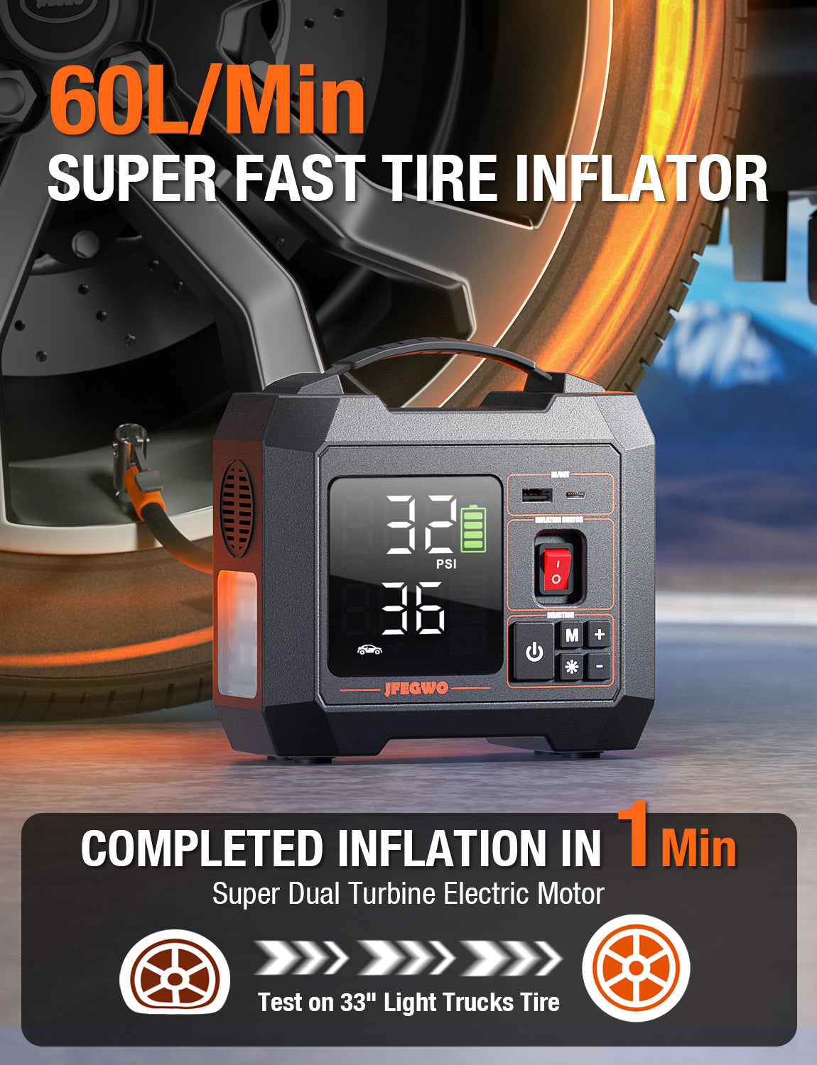 JFEGWO Air 5-300 Tire Inflator Portable Air compressor 150PSI Black
