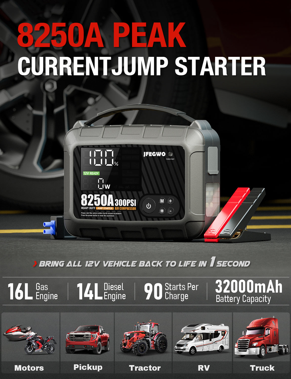 JFEGWO 8250A Super Jump Starter with Air Compressor